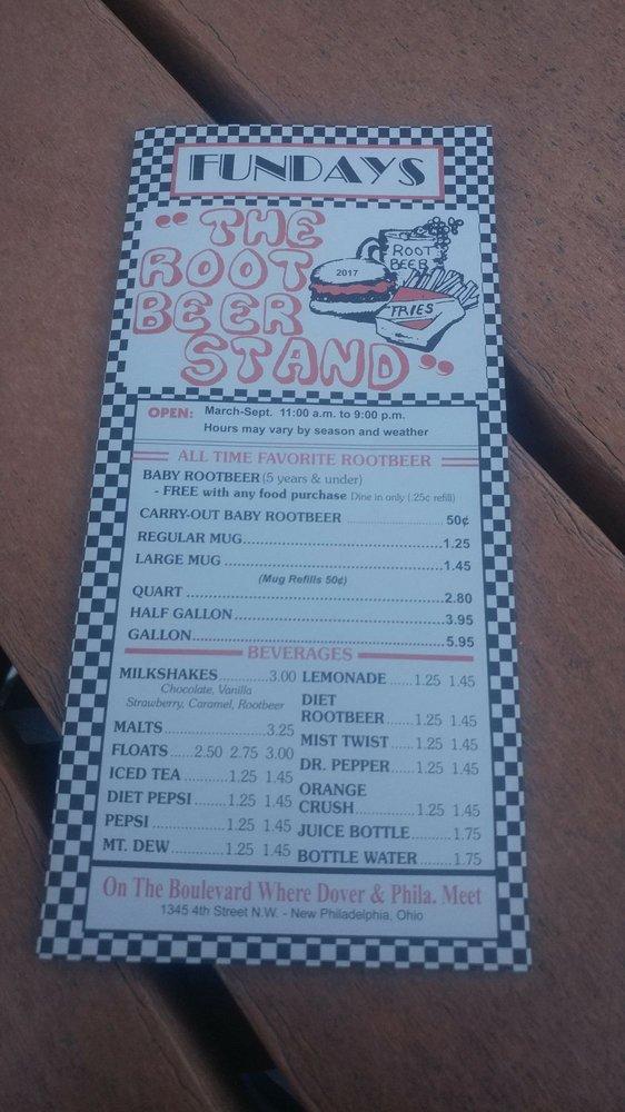 Menu at Funday's, The Root Beer Stand restaurant, New Philadelphia