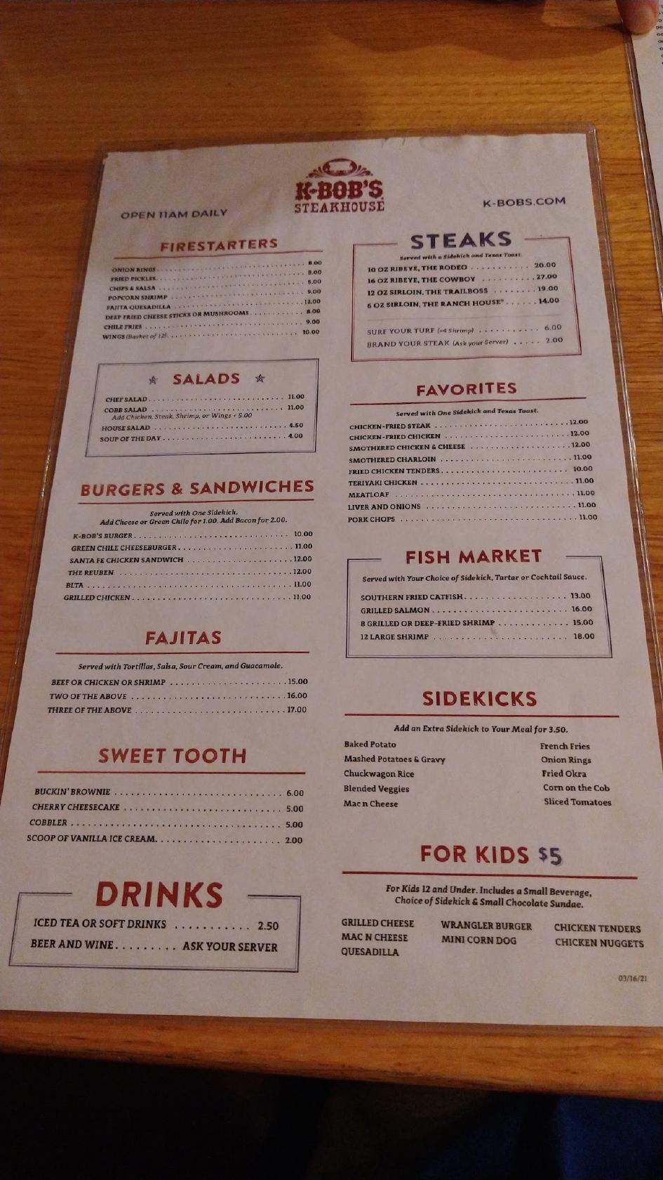 Menu at K-Bob's of Raton, Inc. steakhouse, Raton