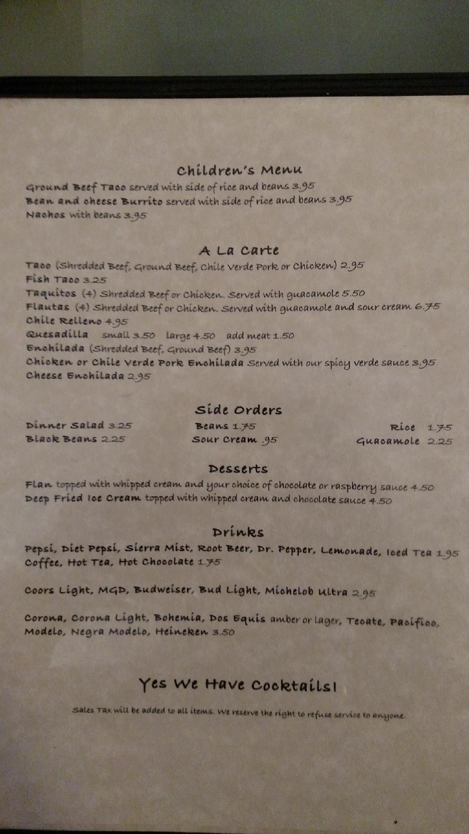 Menu at La Casita Crestline restaurant, Crestline