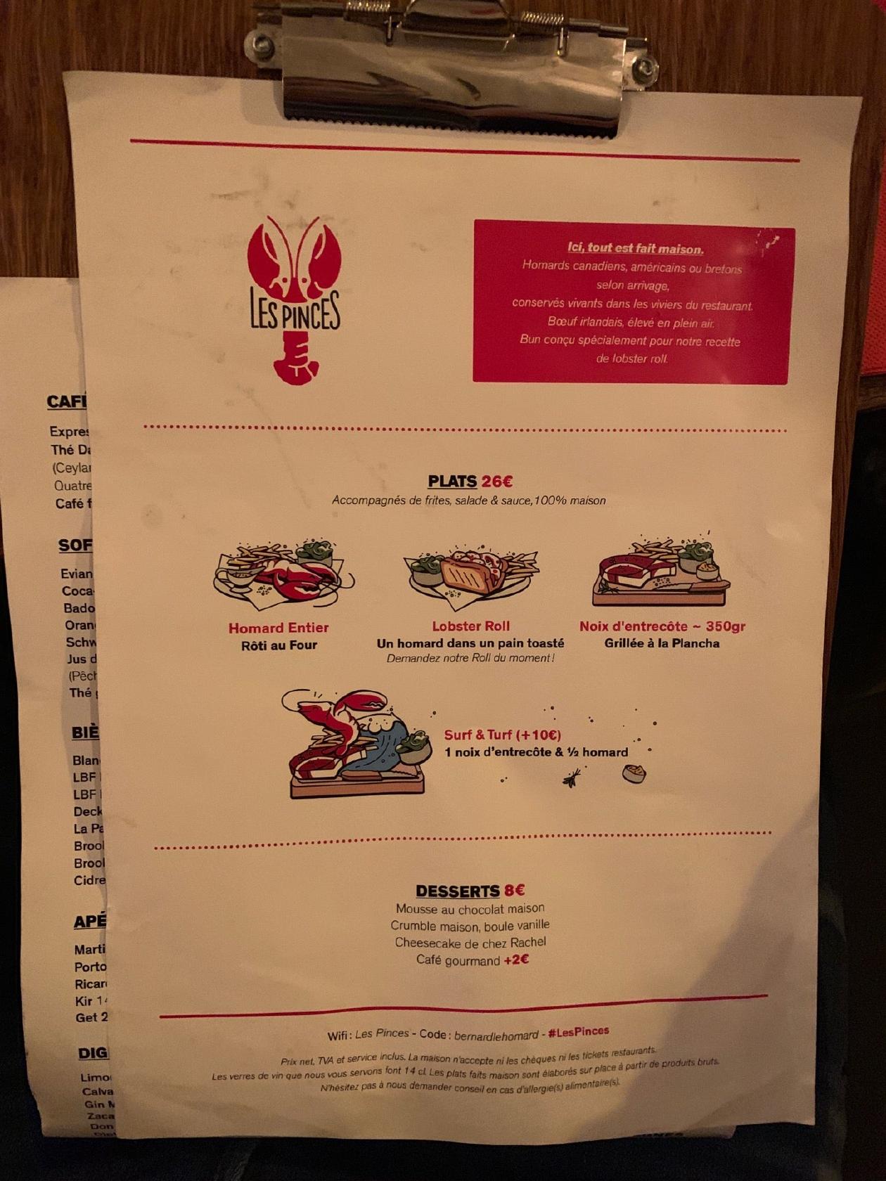 Menu at Les Pinces restaurant, Paris, 29 Rue du Bourg Tibourg