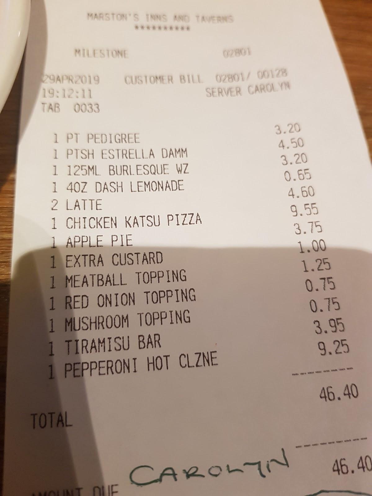 Menu at Milestone pub & bar, Hinckley