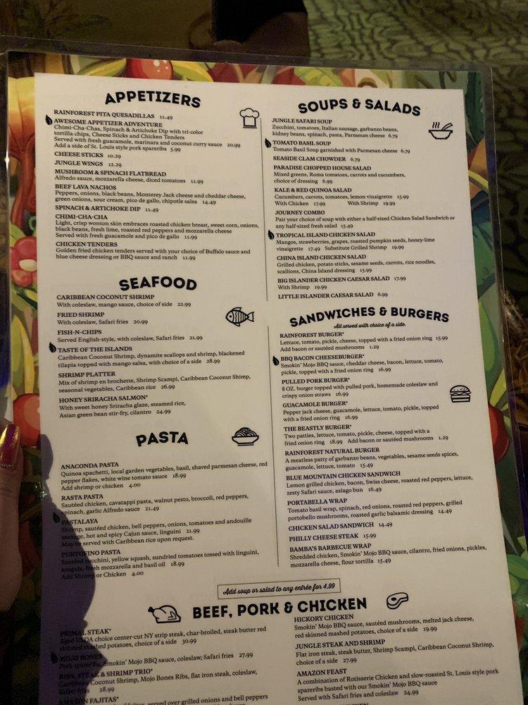 Menu at Rainforest Cafe, Niagara Falls