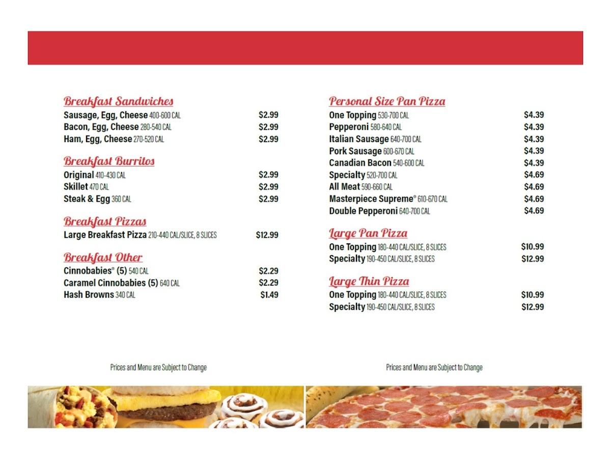 Menu at Hot Stuff Pizza restaurant, Strum