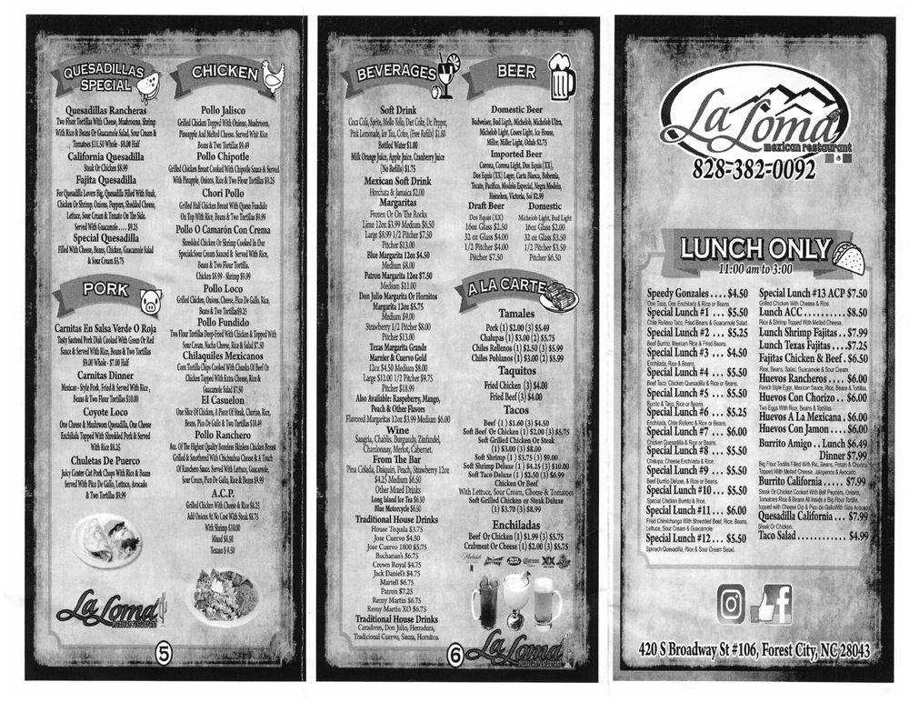 Menu at La Loma Mexican Restaurant, Forest City