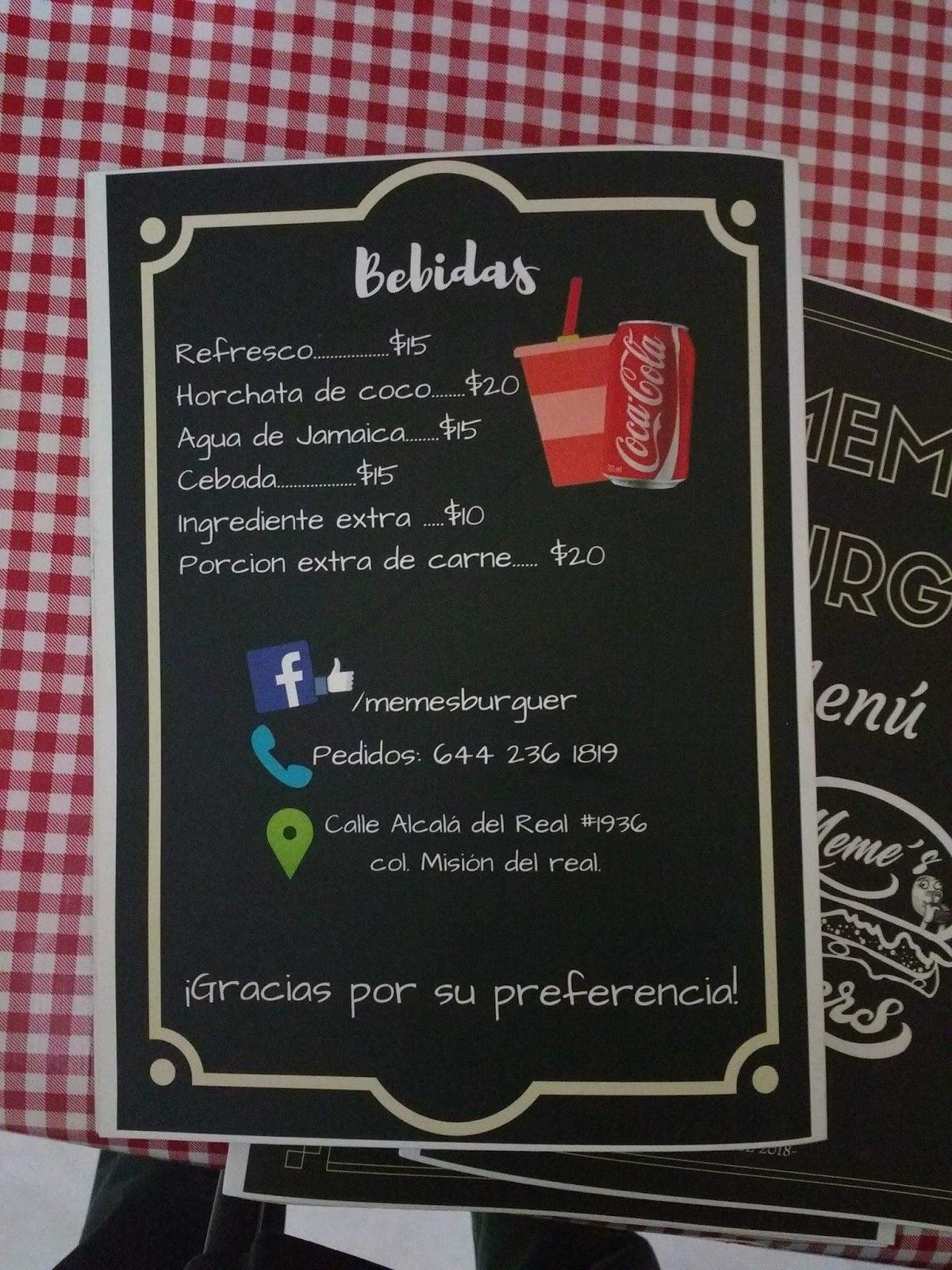 Menu at Memes Burger restaurant, Ciudad Obregón, Alcalá del Real 1936