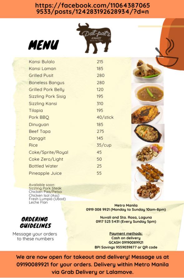 Menu at Pat-Pat's Kansi Pasig Branch restaurant, Pasig