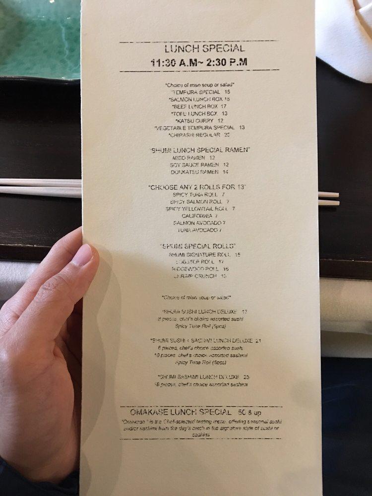 Menu at Shumi Japanese Cuisine restaurant, Ridgewood