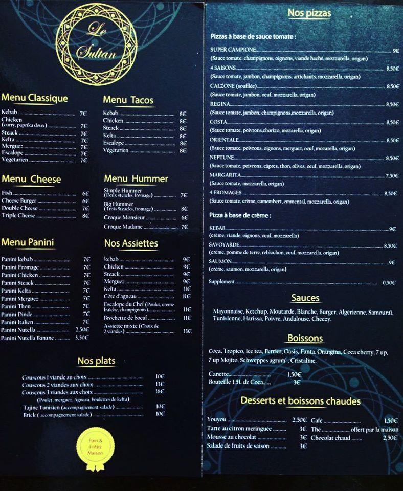 Menu au Le Sultan restaurant, Bléré
