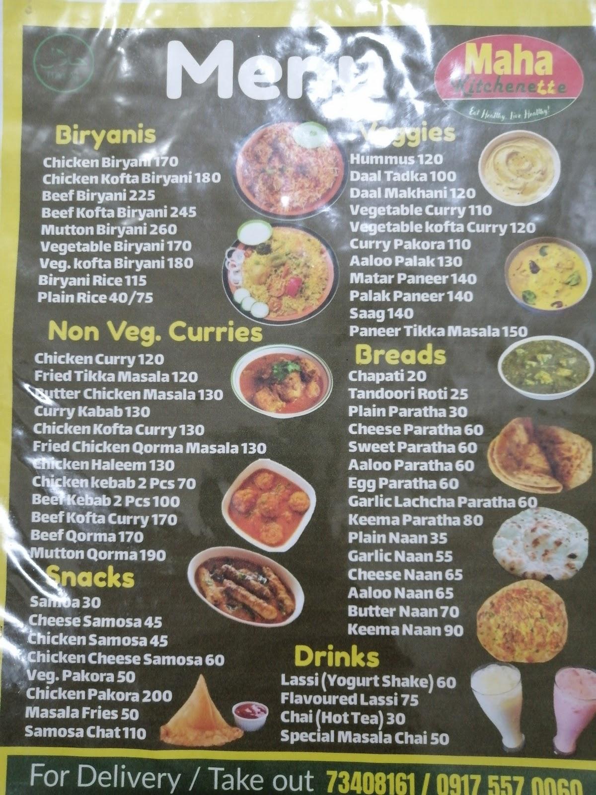 Menu at Maha Kitchenette restaurant, Parañaque