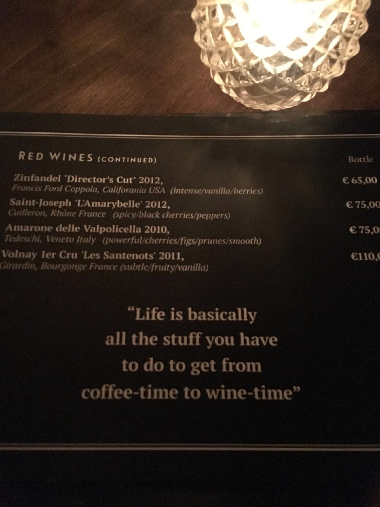 Menu at NJoy, Amsterdam