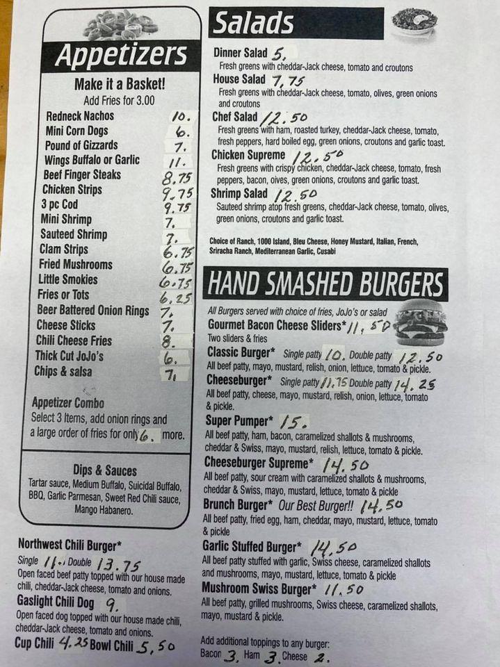 Menu at Old Town Pump Saloon pub & bar, Union Gap
