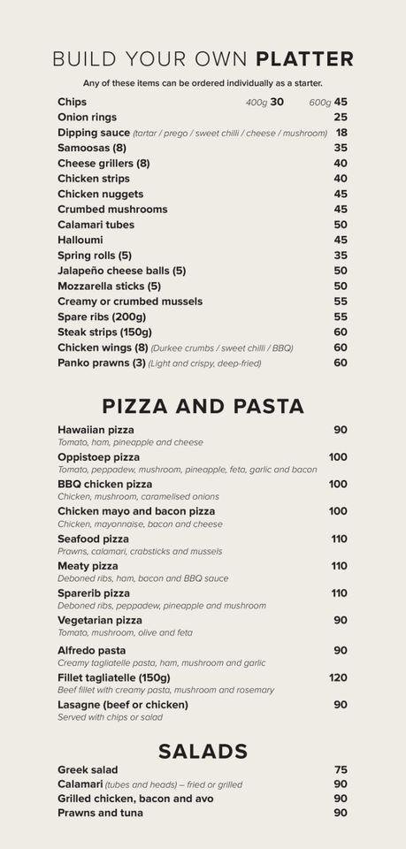 Menu at Oppi Stoep restaurant, Marquard