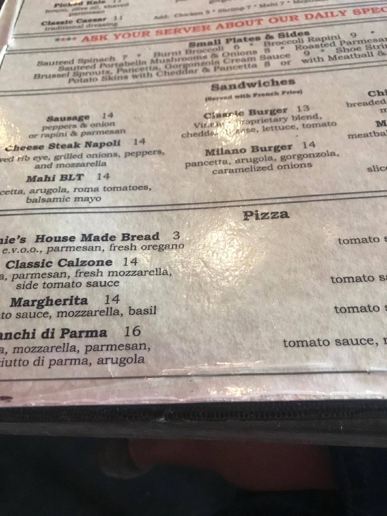 Menu at Vincent's Italian Kitchen restaurant, Lauderdale-by-the-Sea