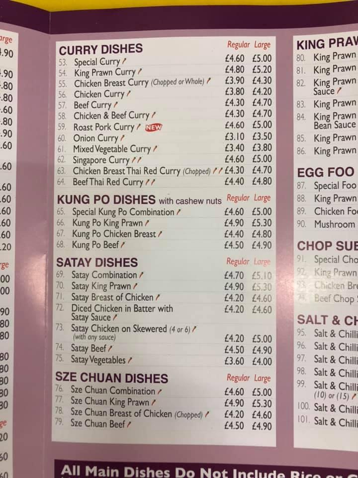 Menu at Wong Wong restaurant, Coatbridge