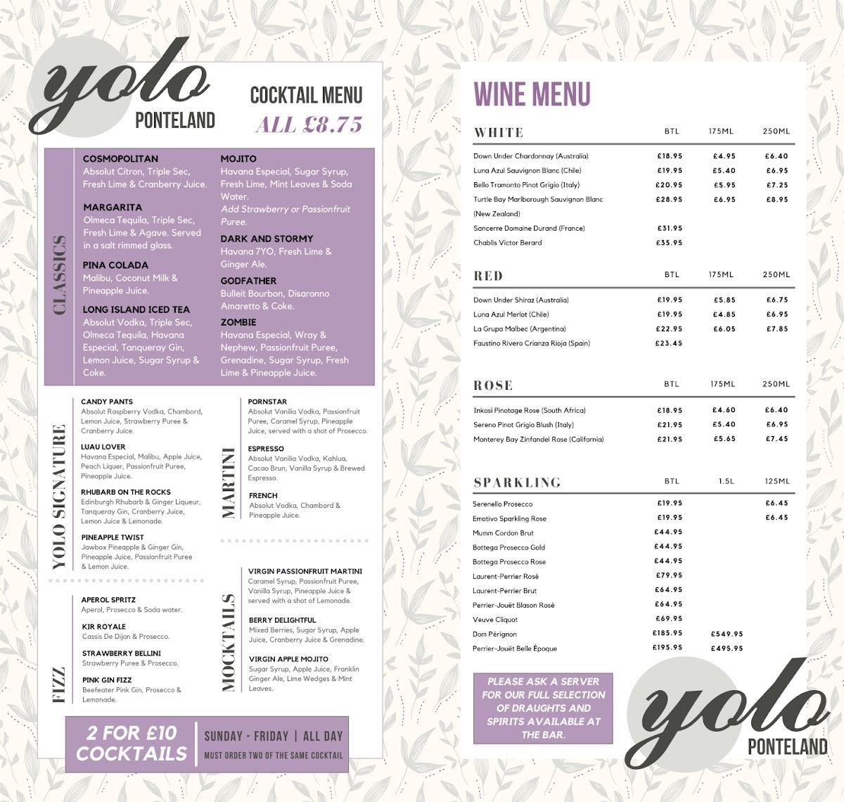 Menu at Yolo Ponteland pub & bar, Newcastle upon Tyne, 9 Bell Villas