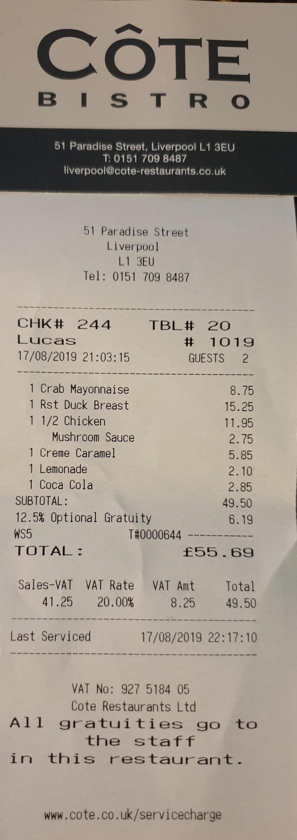Menu at Côte Liverpool restaurant, Liverpool
