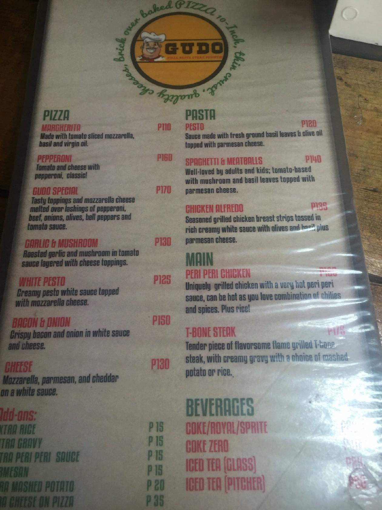 Menu at Gudo pizza pasta steak periperi restaurant, Quezon City, 129 ...