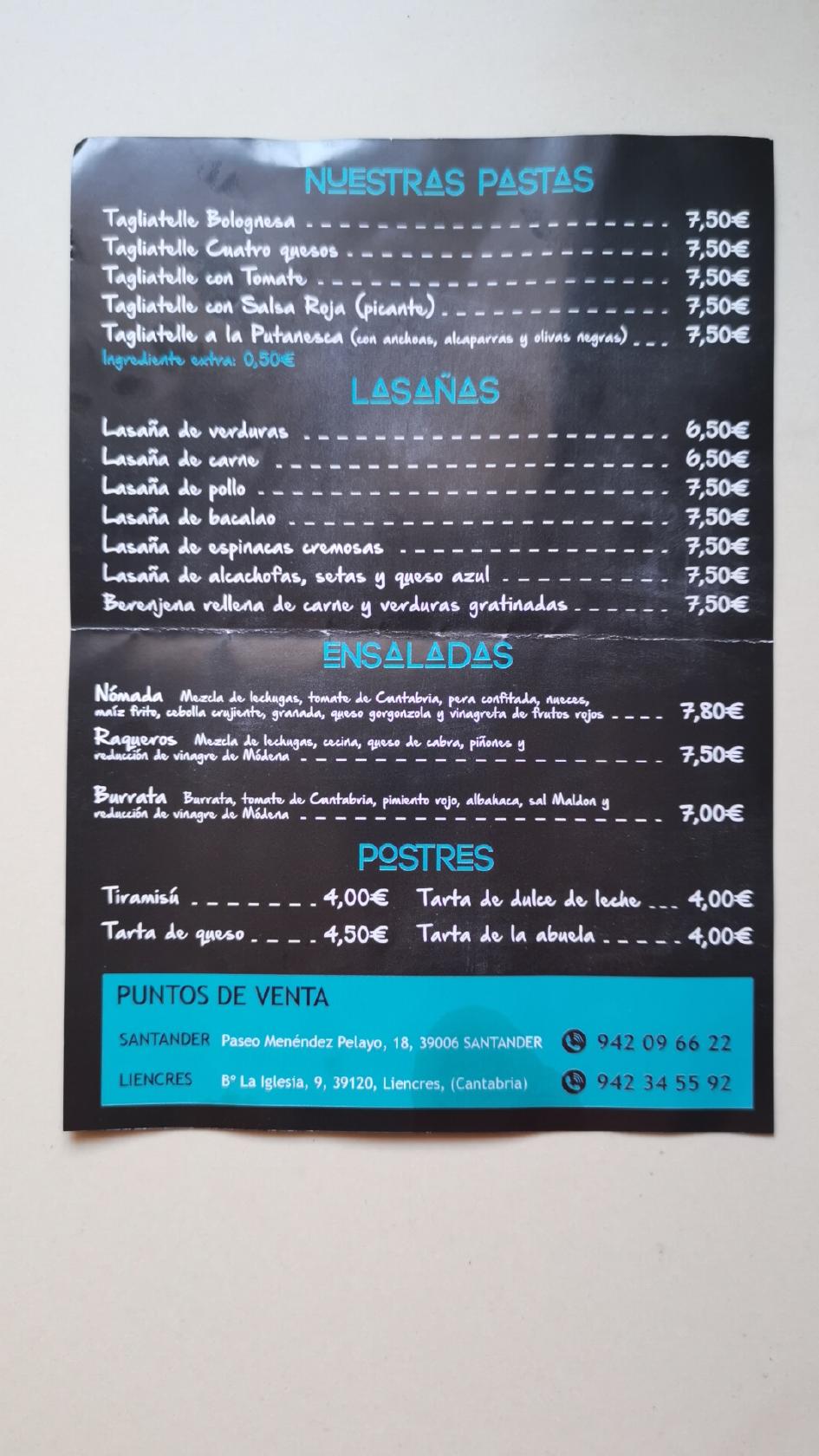 Carta del restaurante Nómada pizza, Liencres