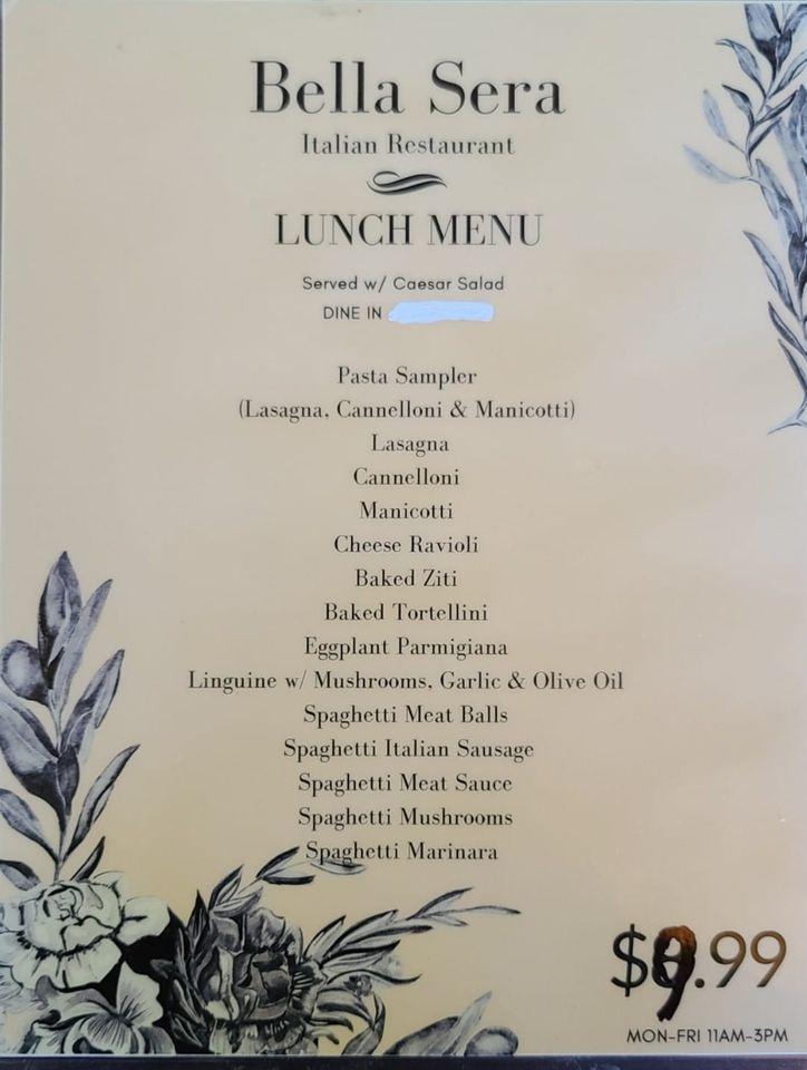 Menu at Bella Sera of Leander restaurant, Leander