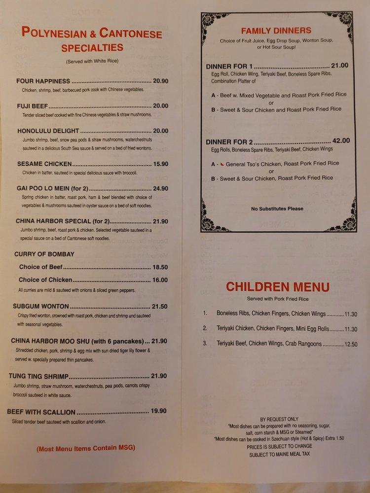 Menu at China Harbor restaurant, Bangor