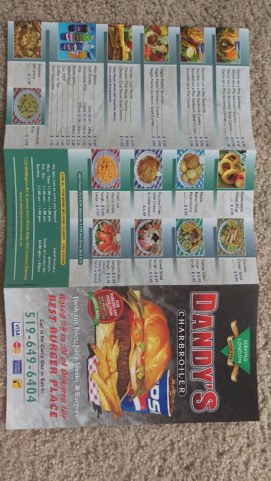 Menu at Dandy's restaurant, London