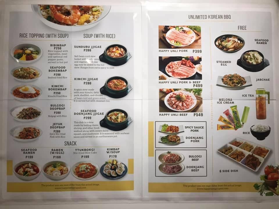 Menu at Happy Samgyupsal Leon Guinto Branch restaurant, Manila