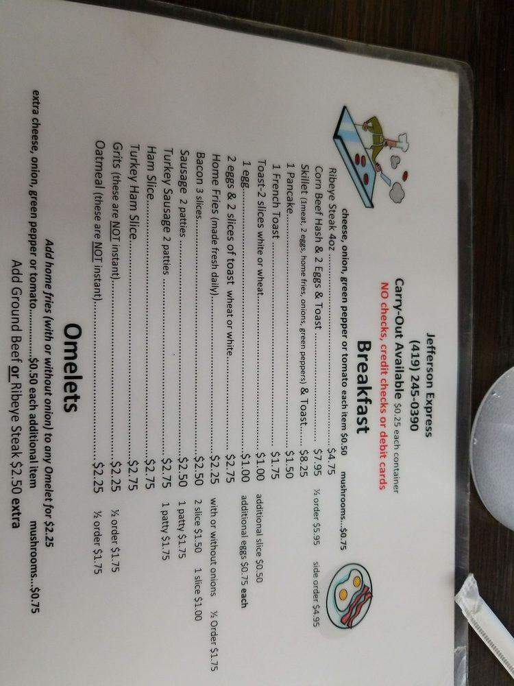 Menu at Jefferson Express restaurant, Toledo