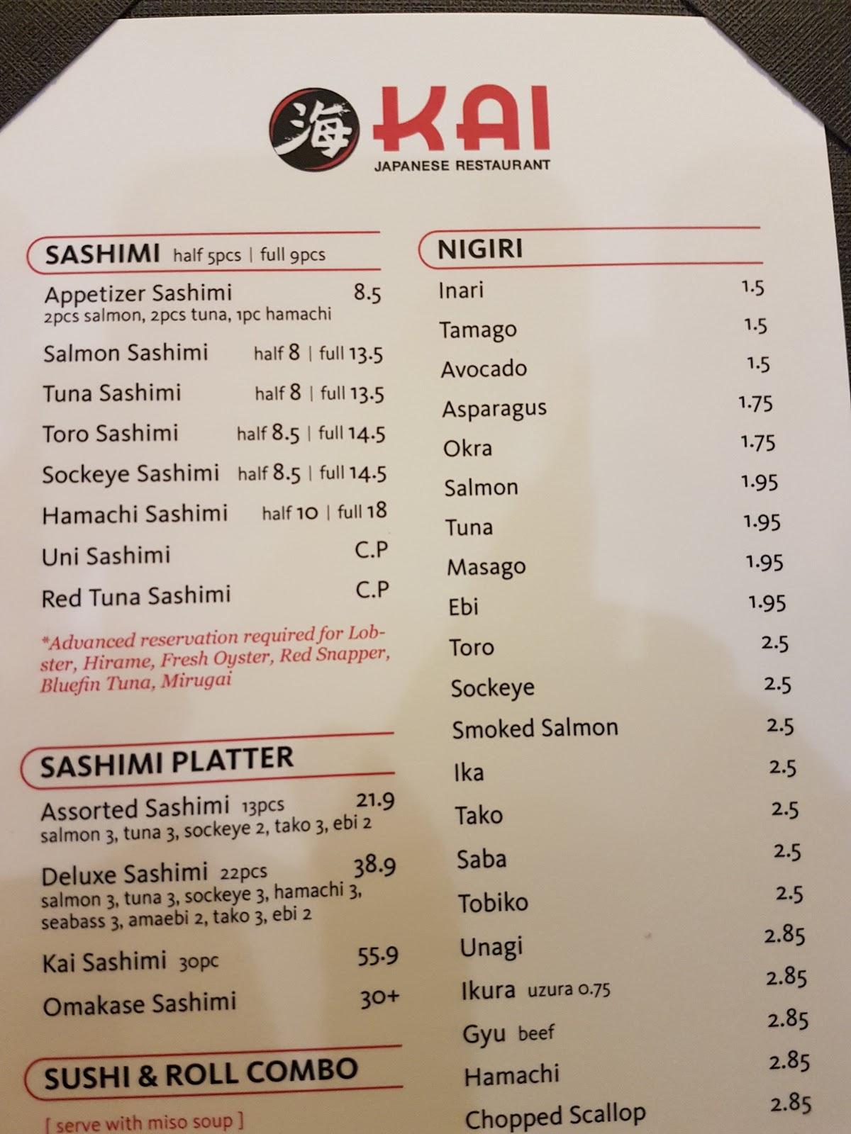 Menu at Kai Japanese Restaurant, Port Coquitlam