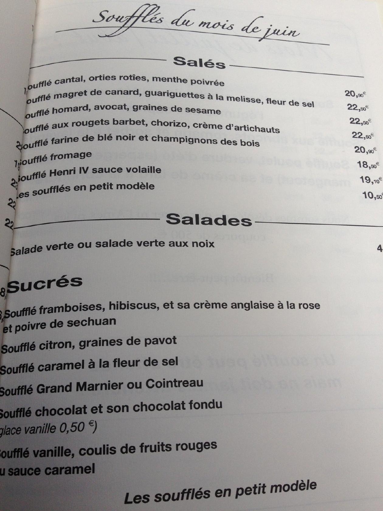 Carta del restaurante Le Récamier, Paris, 4 Rue Juliette Récamier