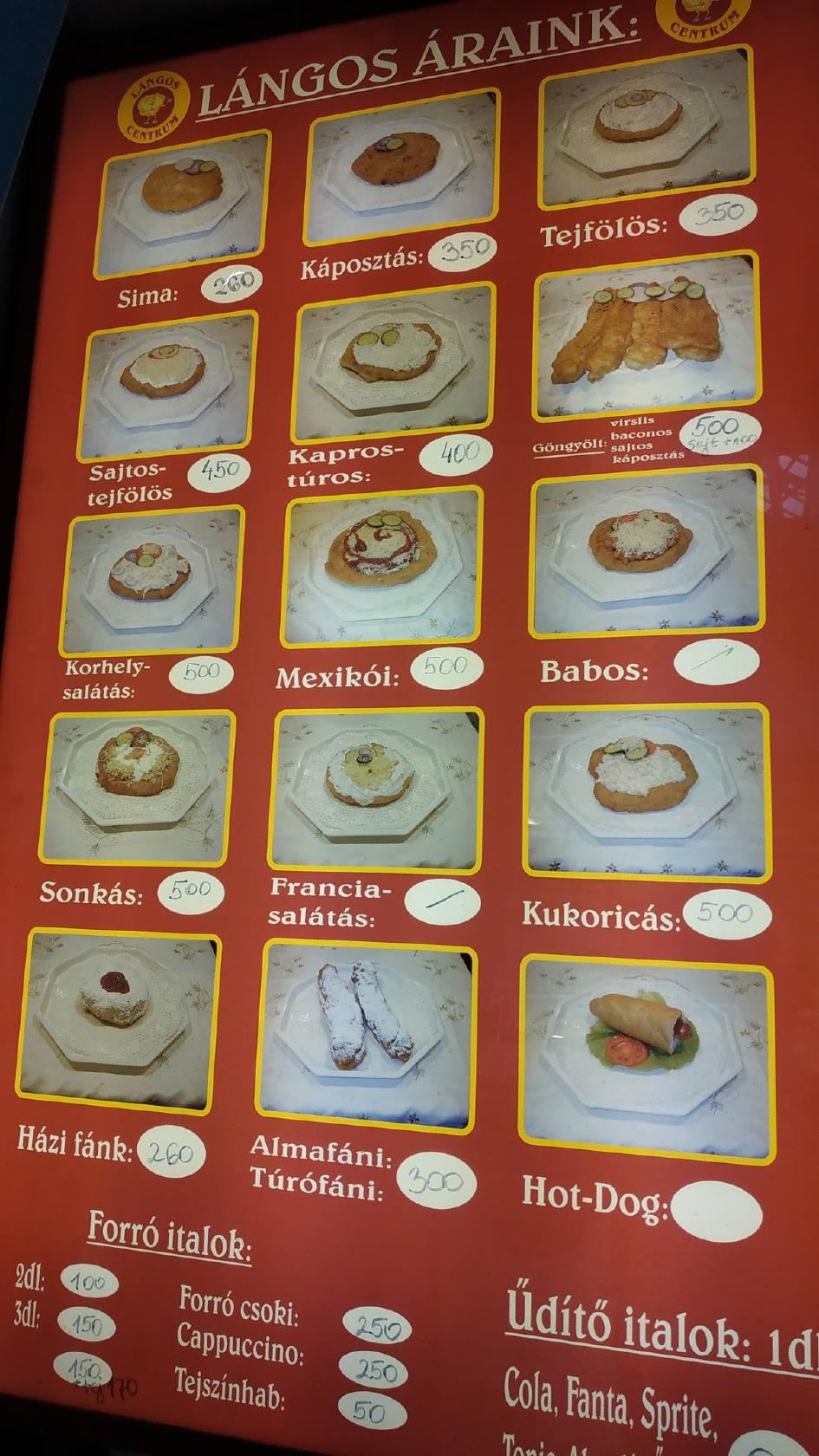 Menu at Lángos centRum restaurant, Budapest
