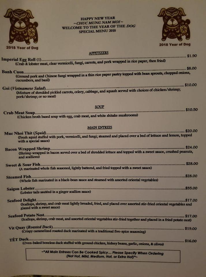 Menu at Lotus Vietnamese Restaurant, Memphis