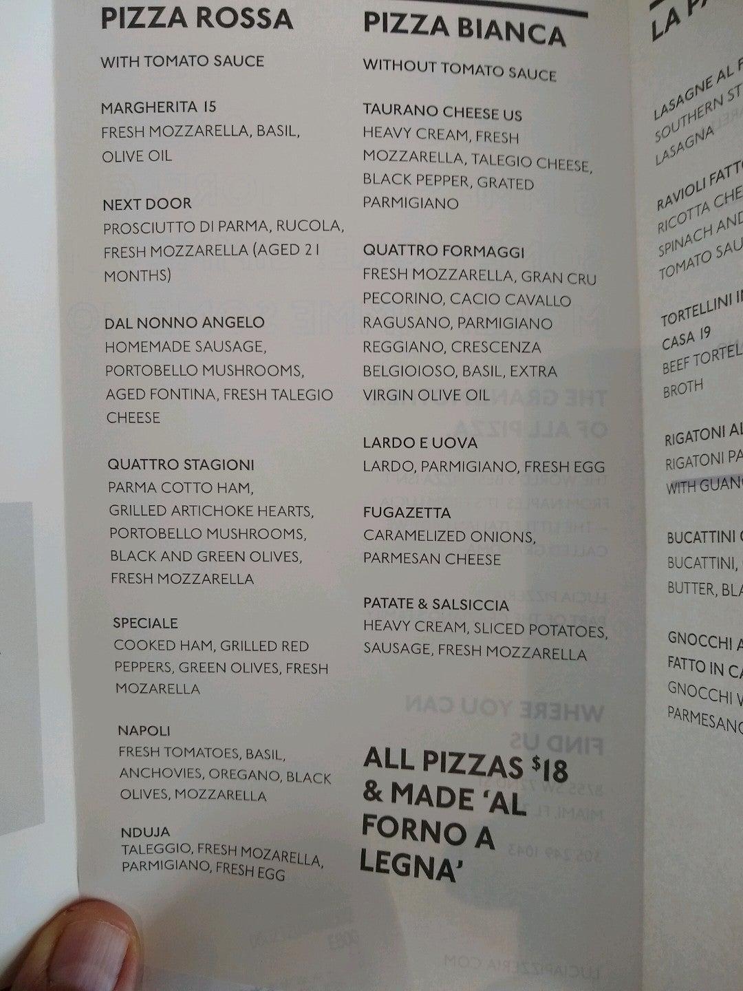 Menu at Lucia Pizzeria, Miami, SW 72nd St