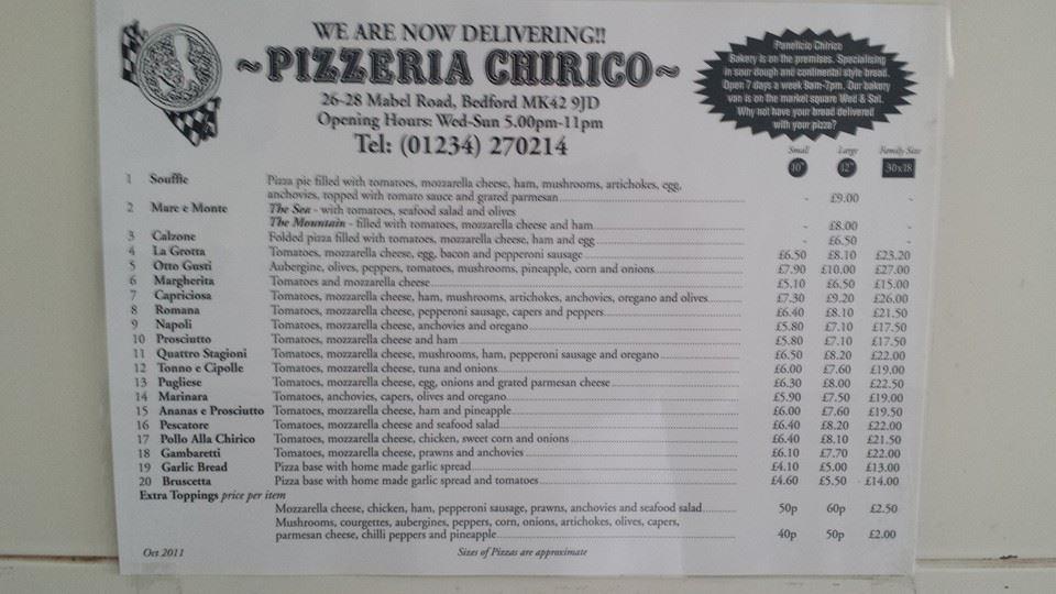Menu at pizzeria chirico, Bedford