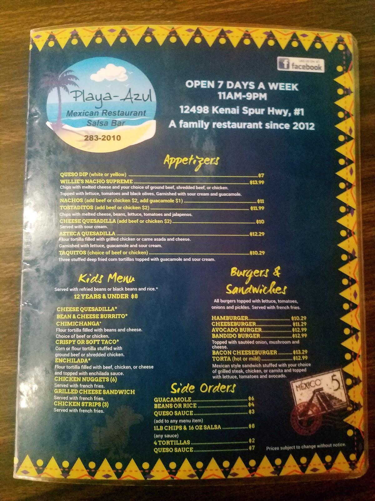 Menu at Playa Azul restaurant, Kenai