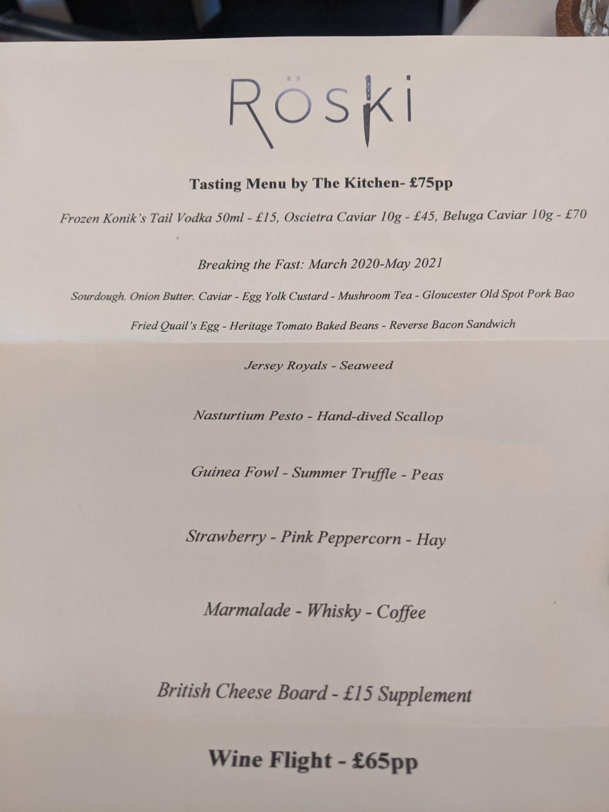Menu at Roski Restaurant, Liverpool
