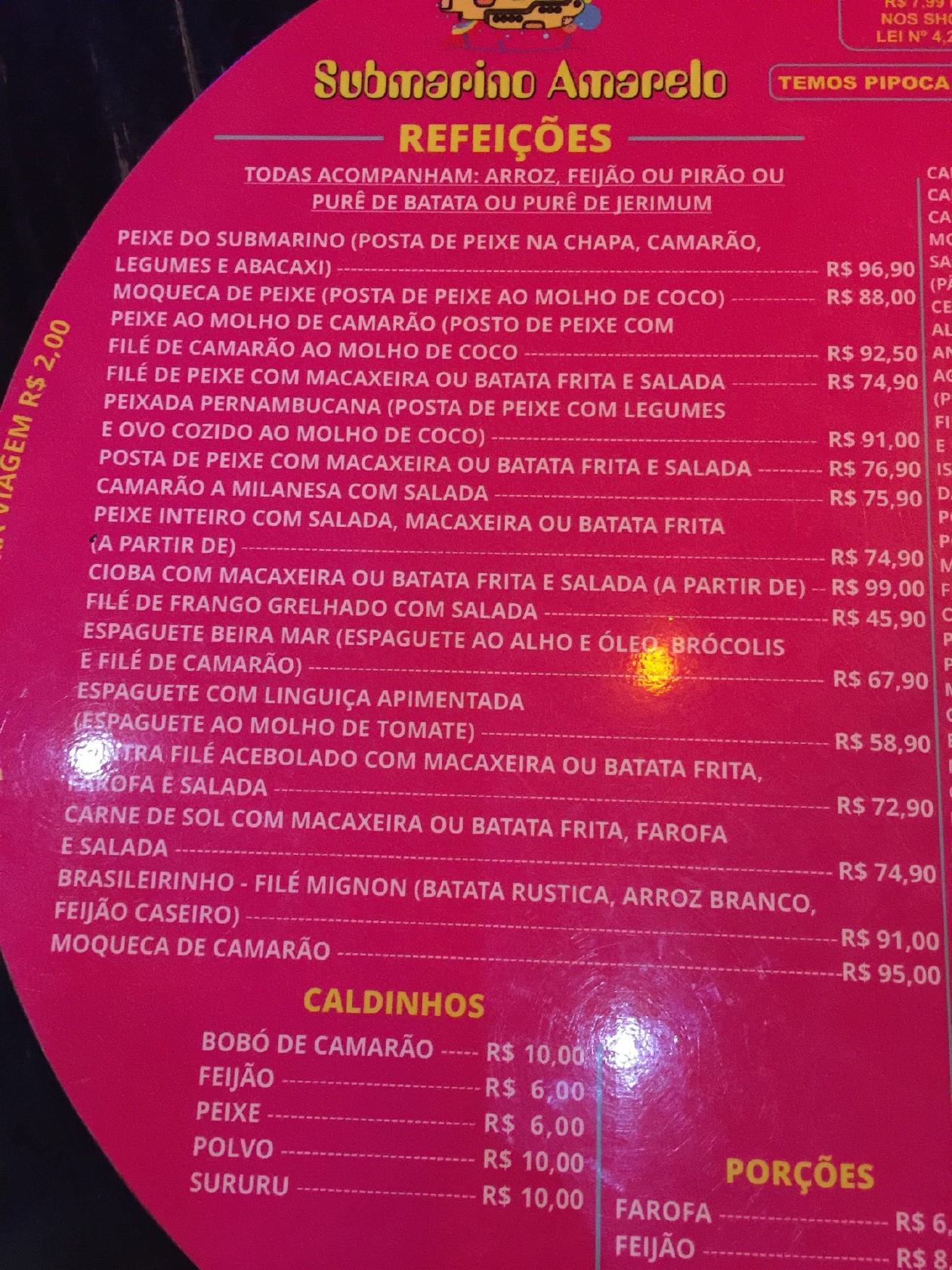 Carta del restaurante Submarino Amarelo, Tamandaré