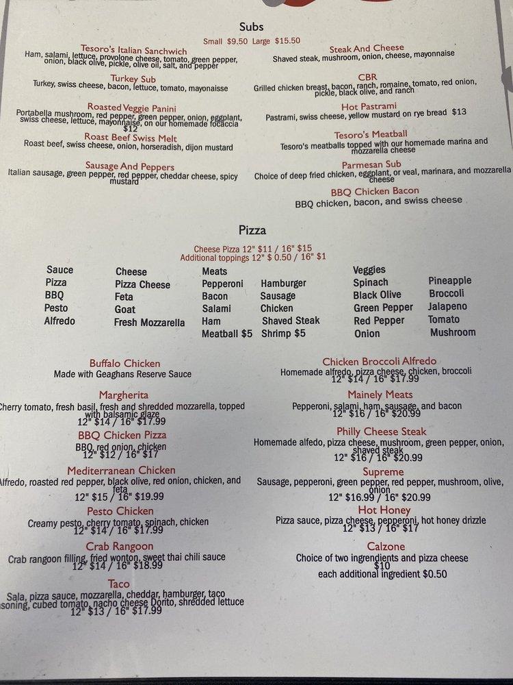 Menu at Tesoro Italian Restaurant and Pizzeria, Bangor