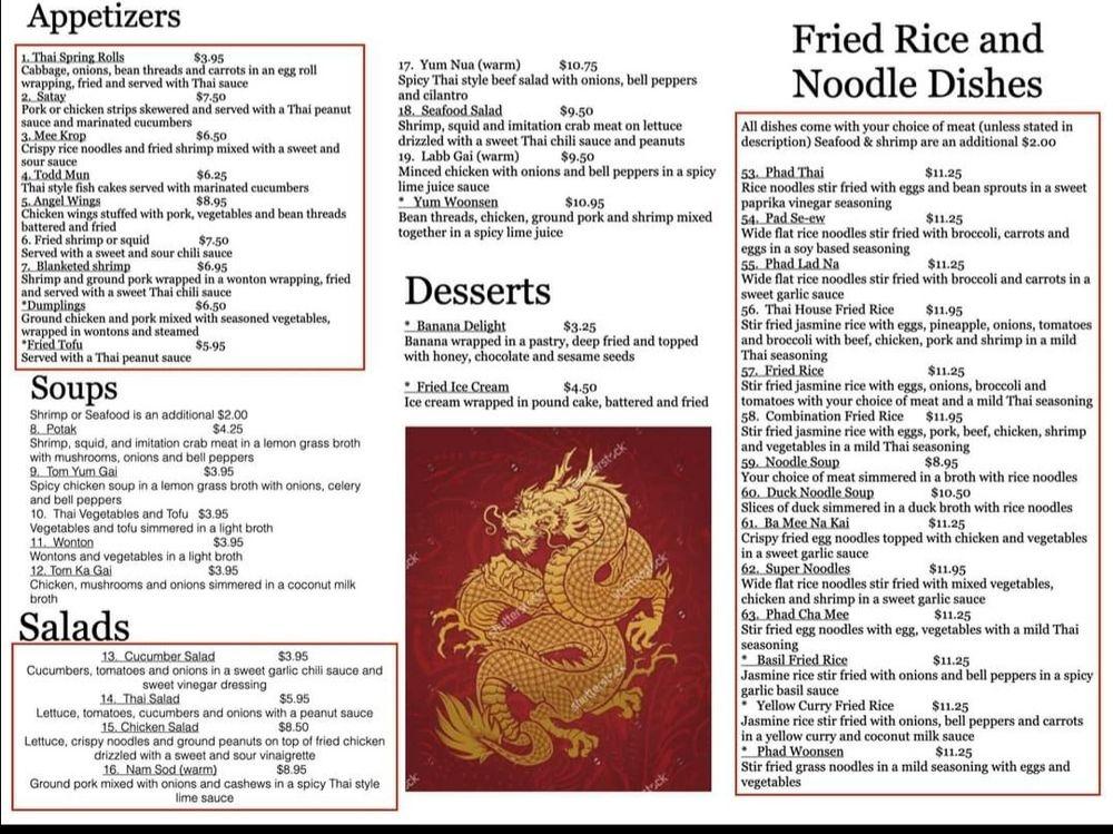 Menu at Thai House restaurant, Sebring