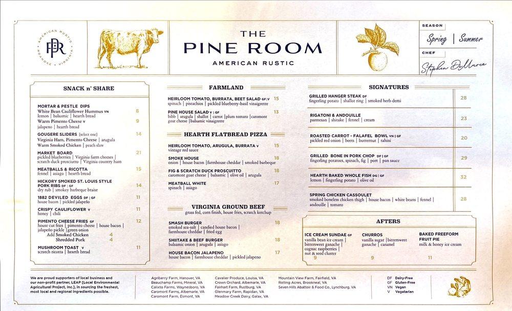 Menu at The Pine Room at Hotel Roanoke pub & bar, Roanoke