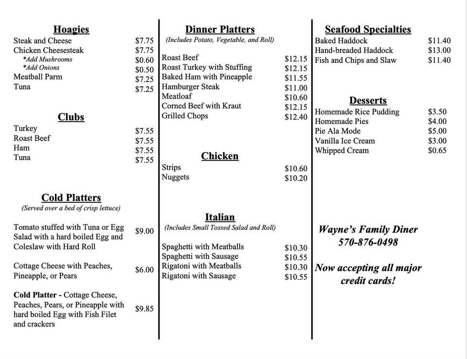 Menu at Wayne's Family Diner restaurant, Jermyn