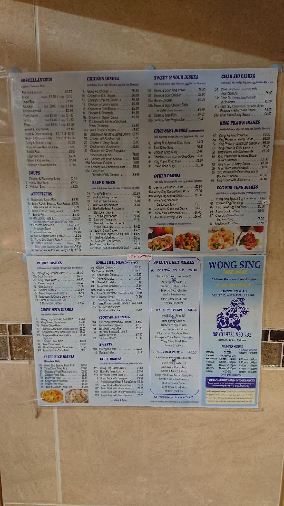 Menu at Wong Sing Takeaway fast food, Acrefair