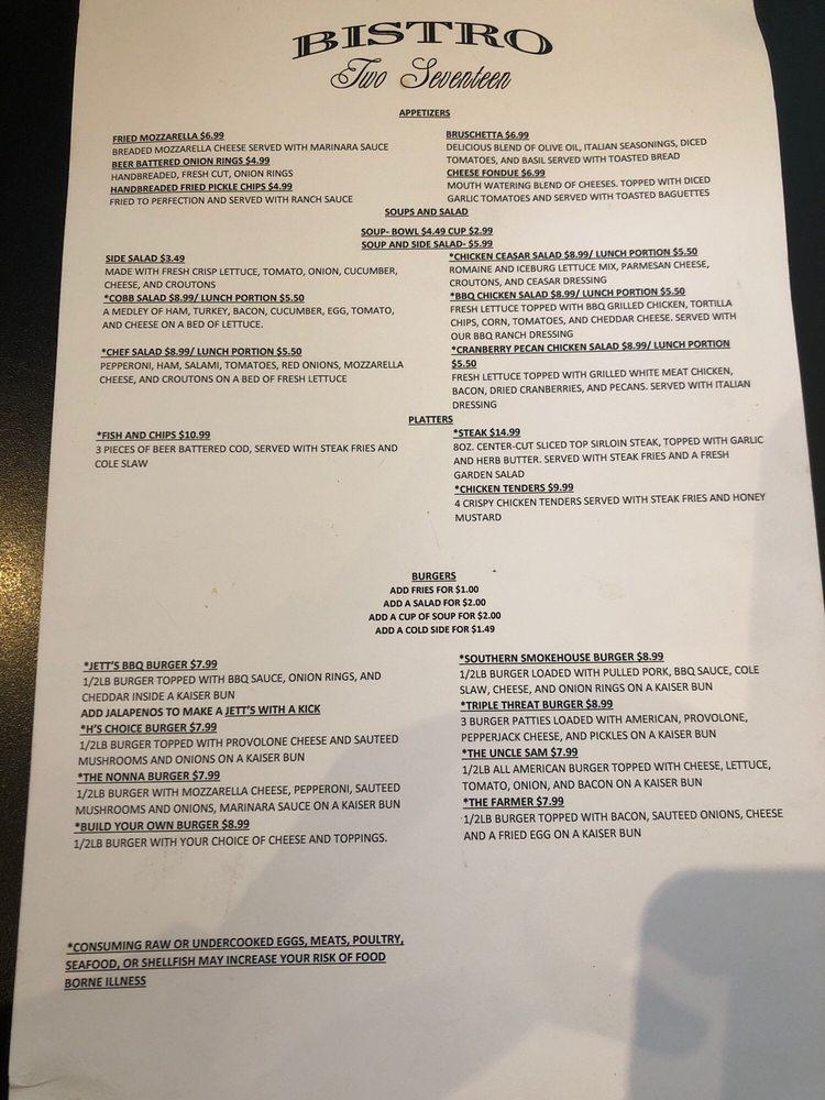 Menu at Bistro 217 restaurant, Galion