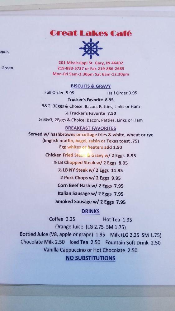 Menu at Great Lakes Cafe, Gary