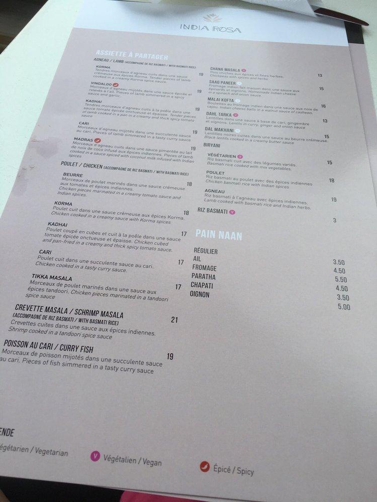 Carta del pub y bar India Rosa, Montréal
