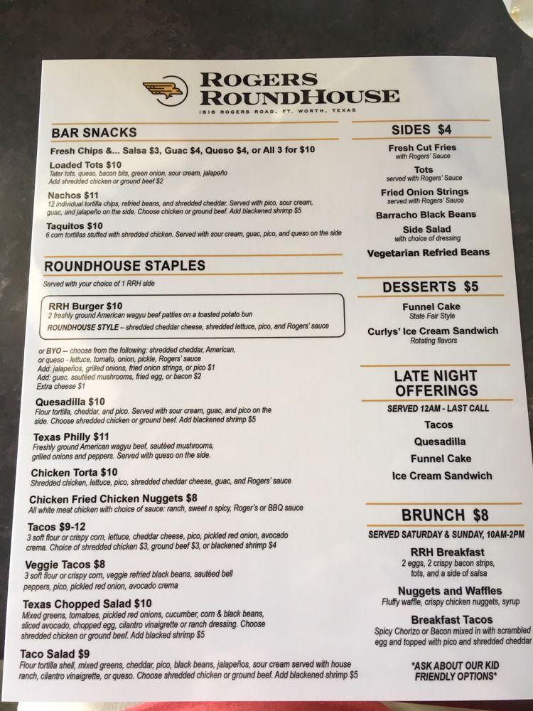 Menu at Rogers Roundhouse pub & bar, Fort Worth