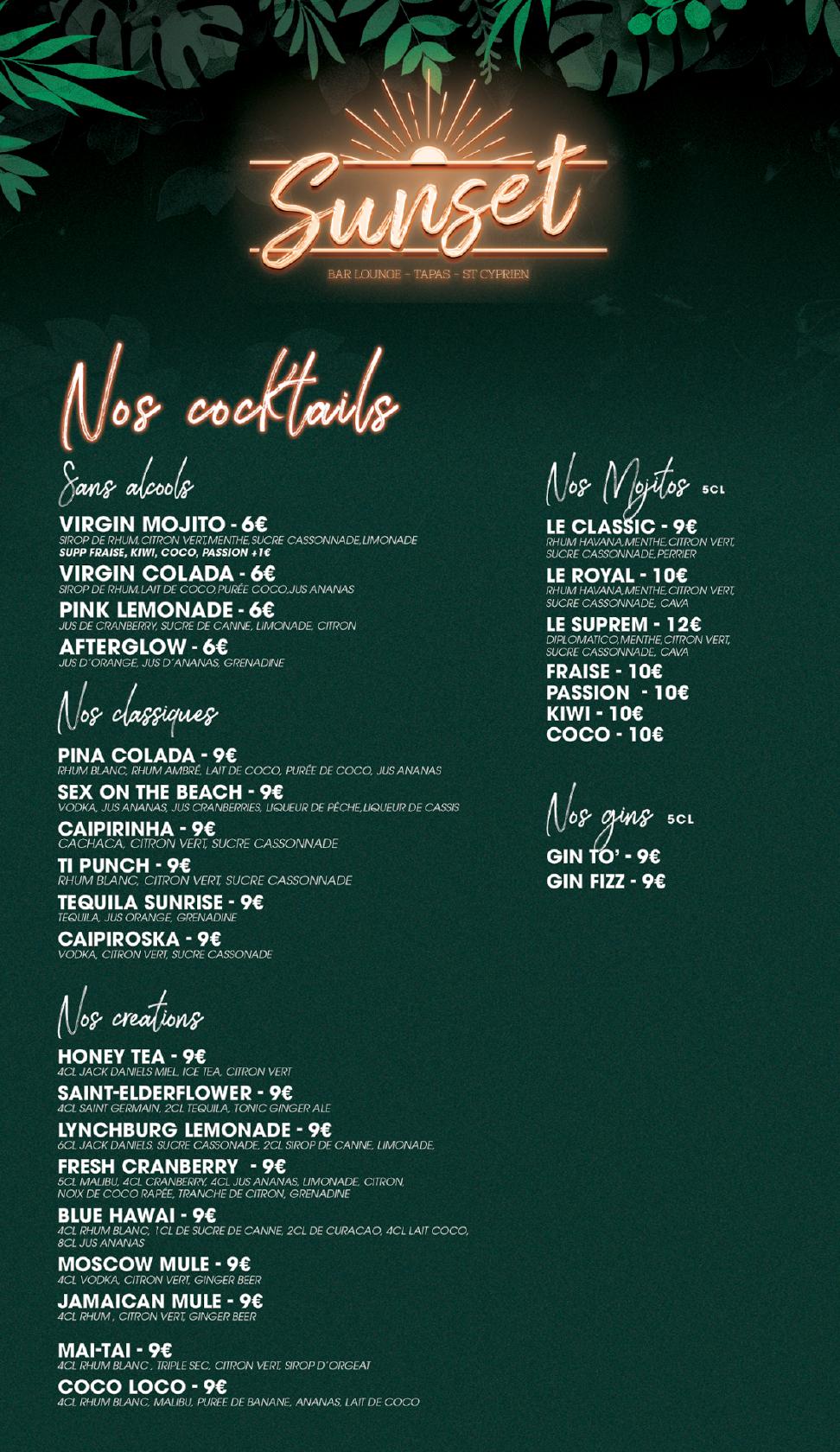 Menu at Sunset Bar Lounge, Saint-Cyprien, Résidence Amiral