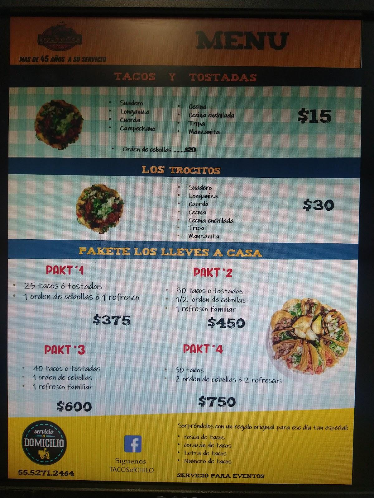 Carta del restaurante Tacos chilo, Ciudad del México