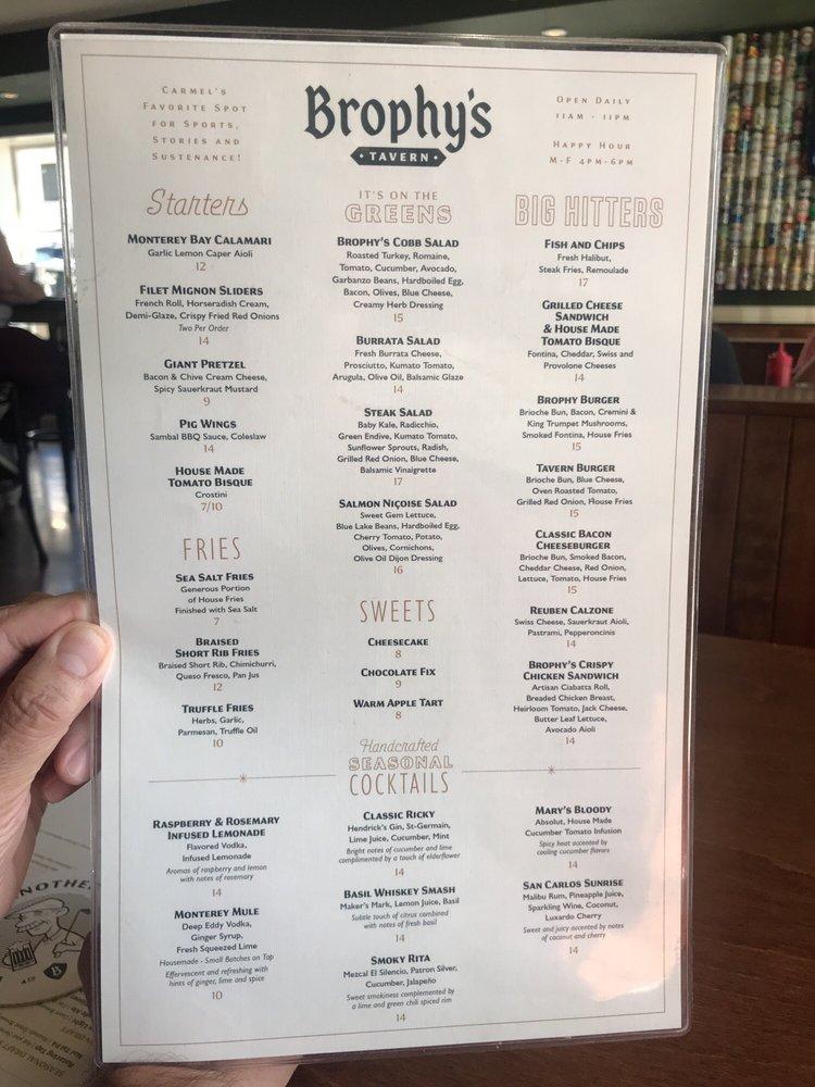 Menu at Brophy's Tavern pub & bar, Carmel-by-the-Sea