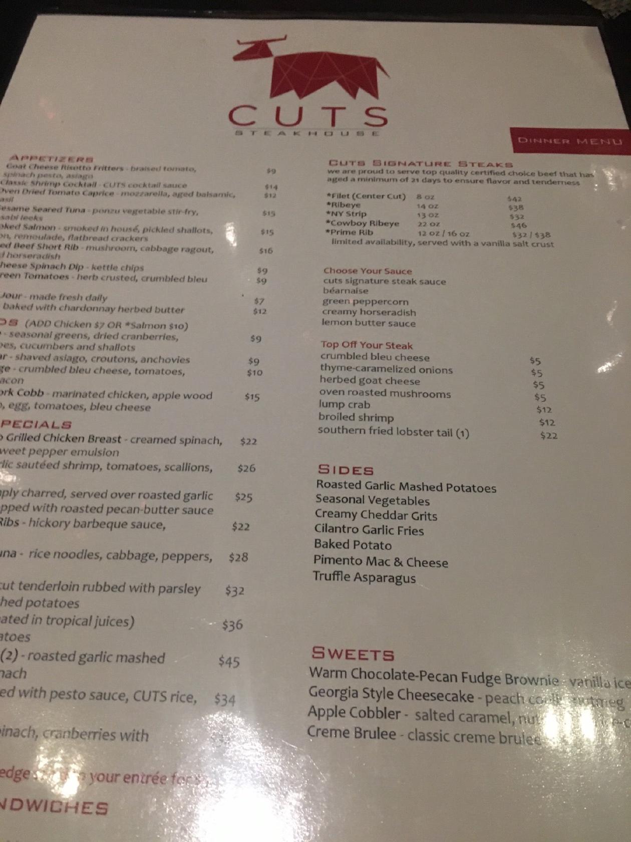 Menu at Cuts Steakhouse, Atlanta