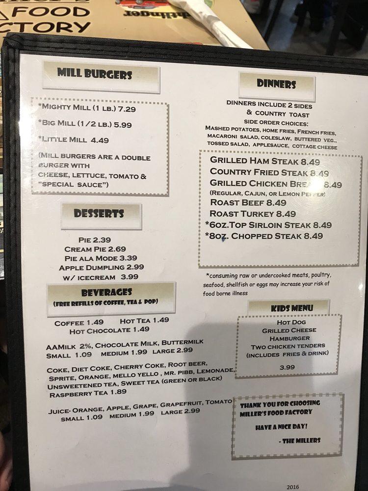Menu at Miller's Food Factory restaurant, Conneaut Lake